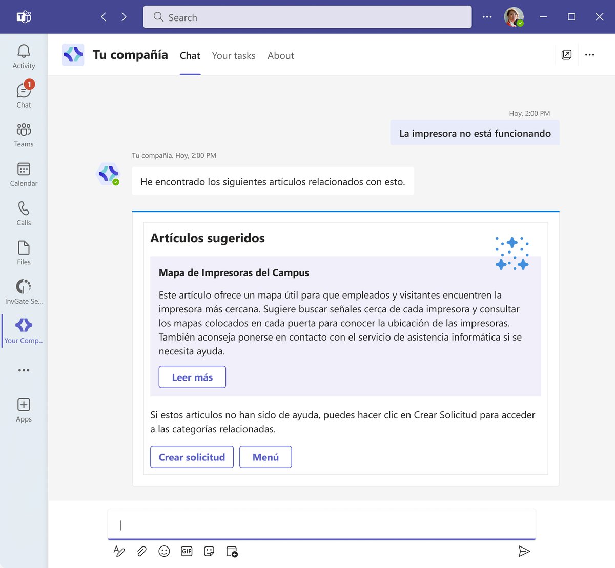 Agente Virtual de InvGate Service Management para Microsoft Teams