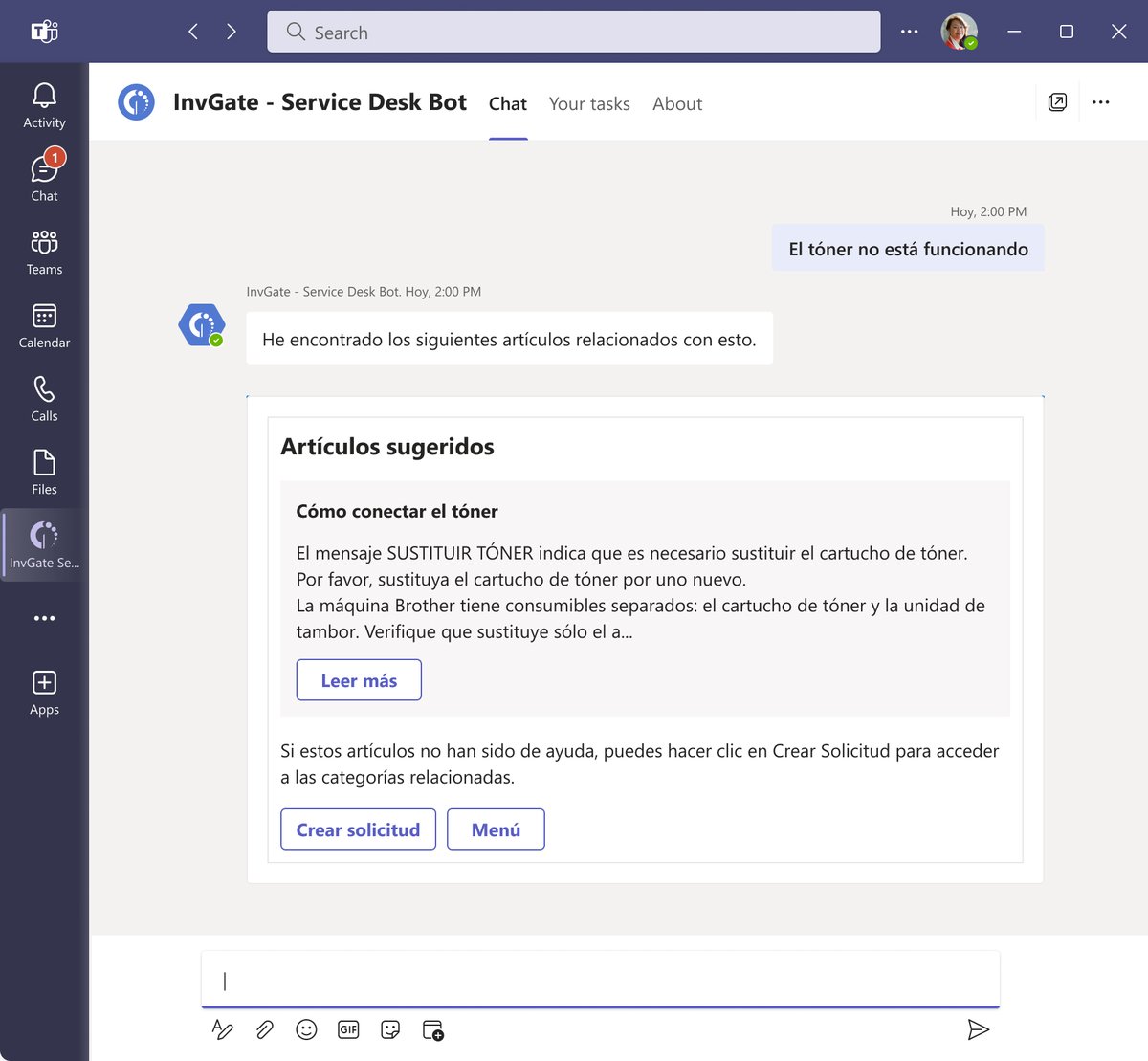 Agente Virtual de InvGate Service Management para Microsoft Teams